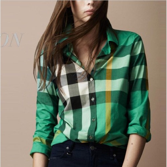 Burberry | Tops | Burberry Brit Nova Check Womens Shirt Cotton Green Long Sleeve Size Large ...